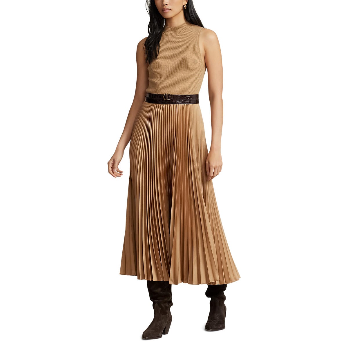 Polo Ralph Lauren Pleated Sleeveless Mockneck Dress - Kamel | Follestad