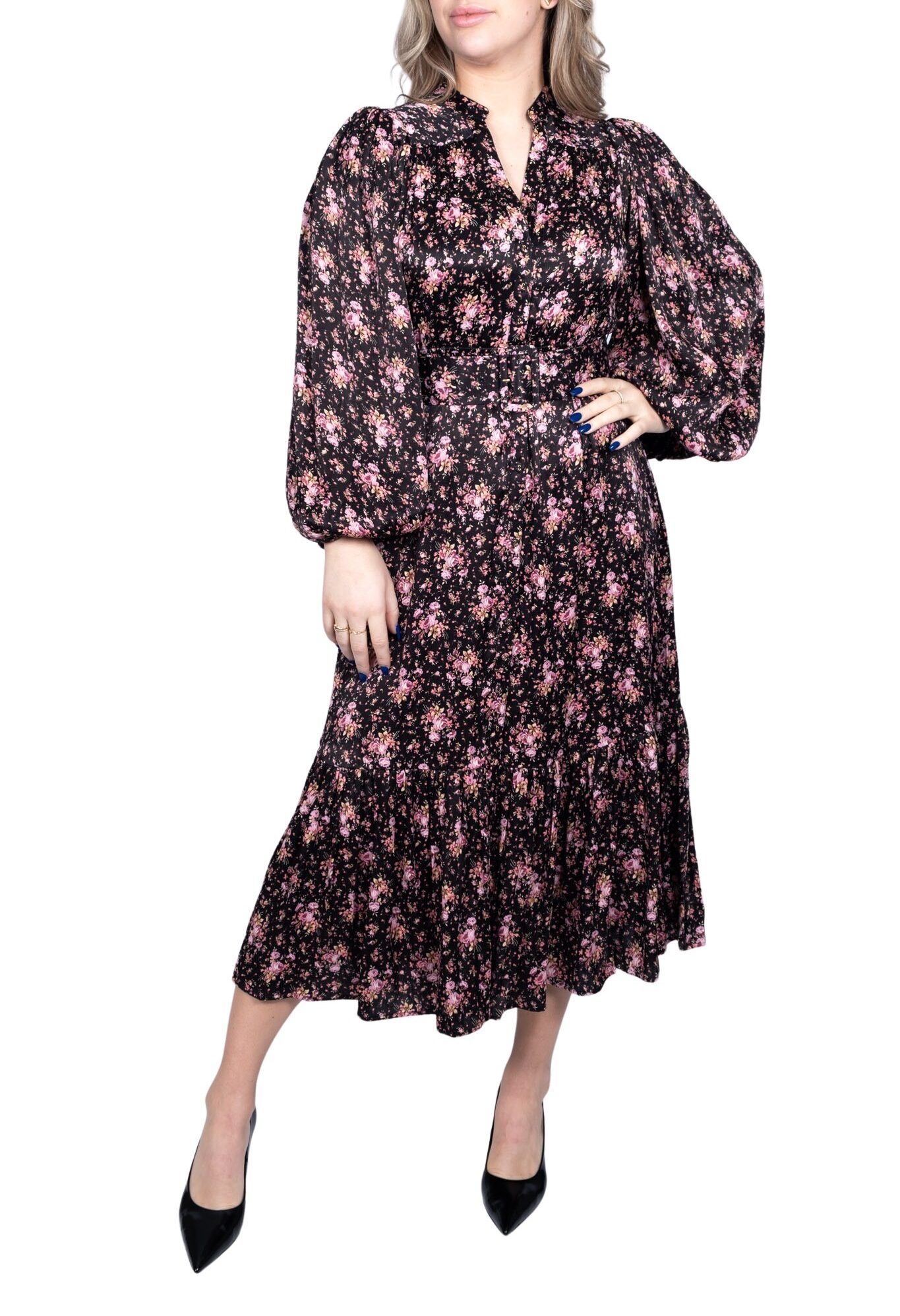 byTiMo Crépe Satin Midi Dress - Sort/Rosa | Follestad