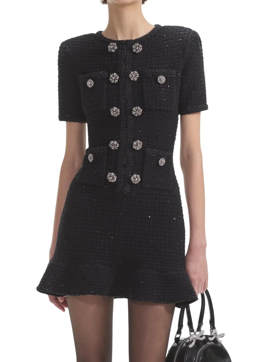 Self-Portrait Knit Buttoned Mini Dress - Sort | Follestad